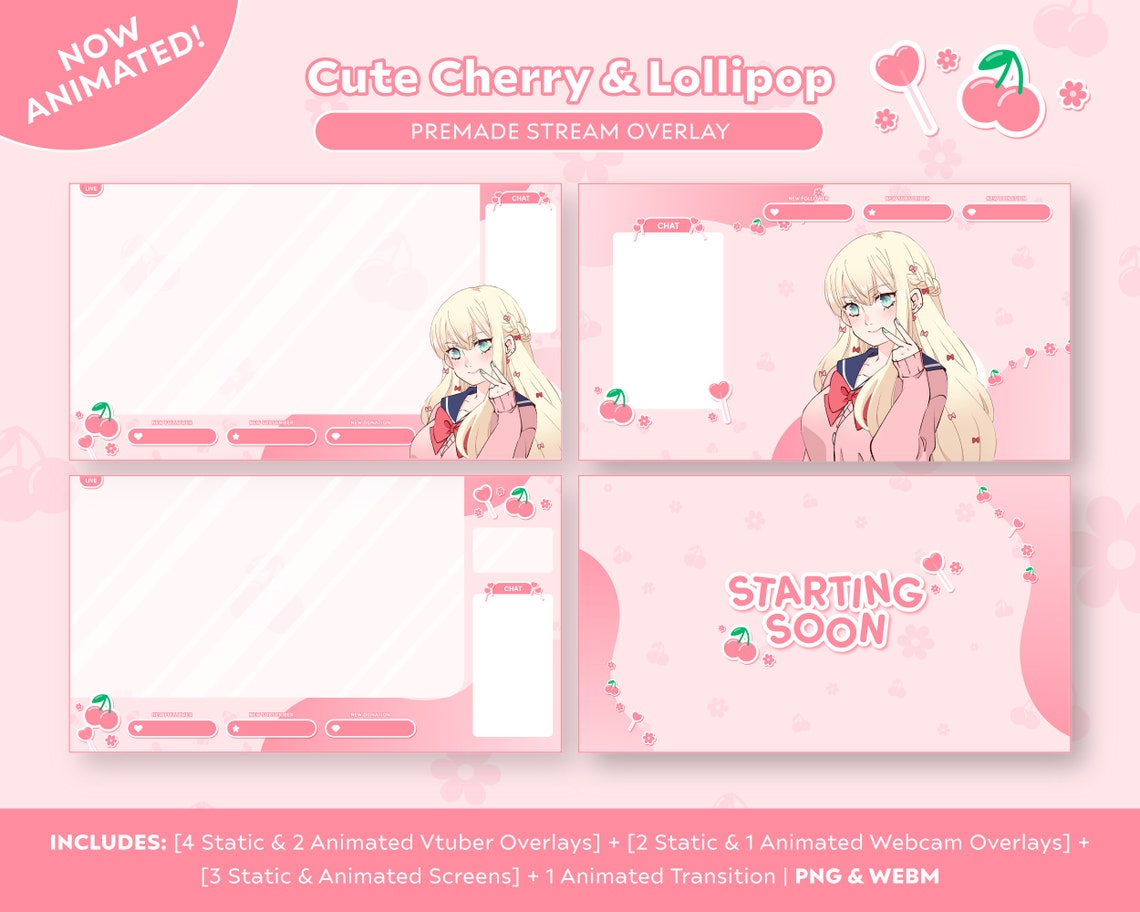 Animated Cherry Lollipop Stream Overlay Package, Kawaii Vtuber (PNG ...