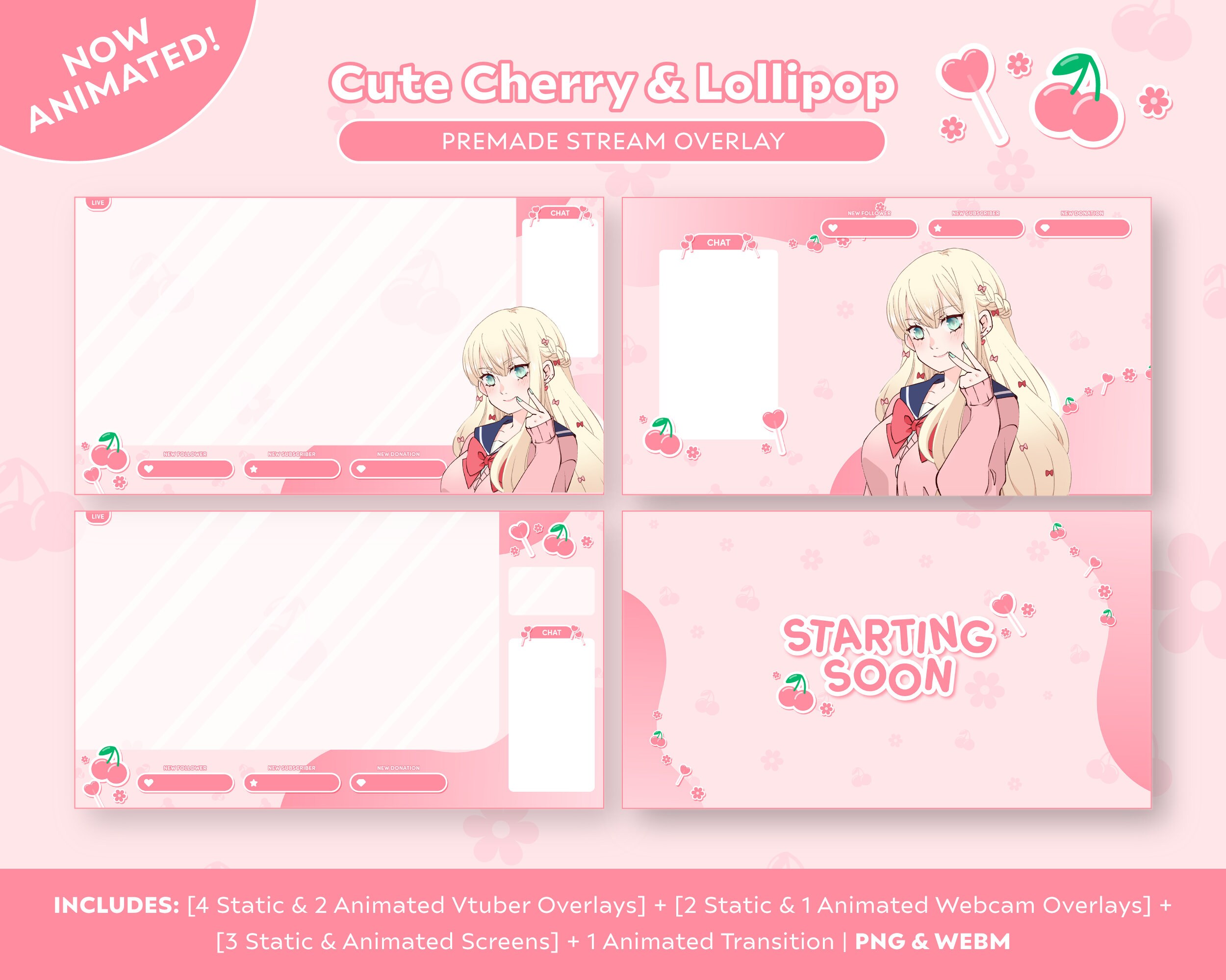 Animated Cute Cherry Lollipop Twitch Kick Premade Stream Overlay ...