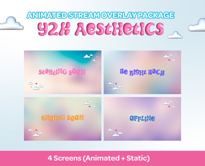 Animated Twitch / Kick Stream Overlay Package, Y2K Aesthetic, Pastel ...