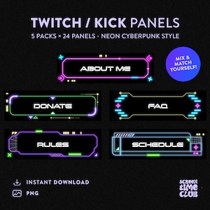 Neon Cyberpunk Twitch Kick Panels, 5 Packs of 24 Panels, Streaming ...