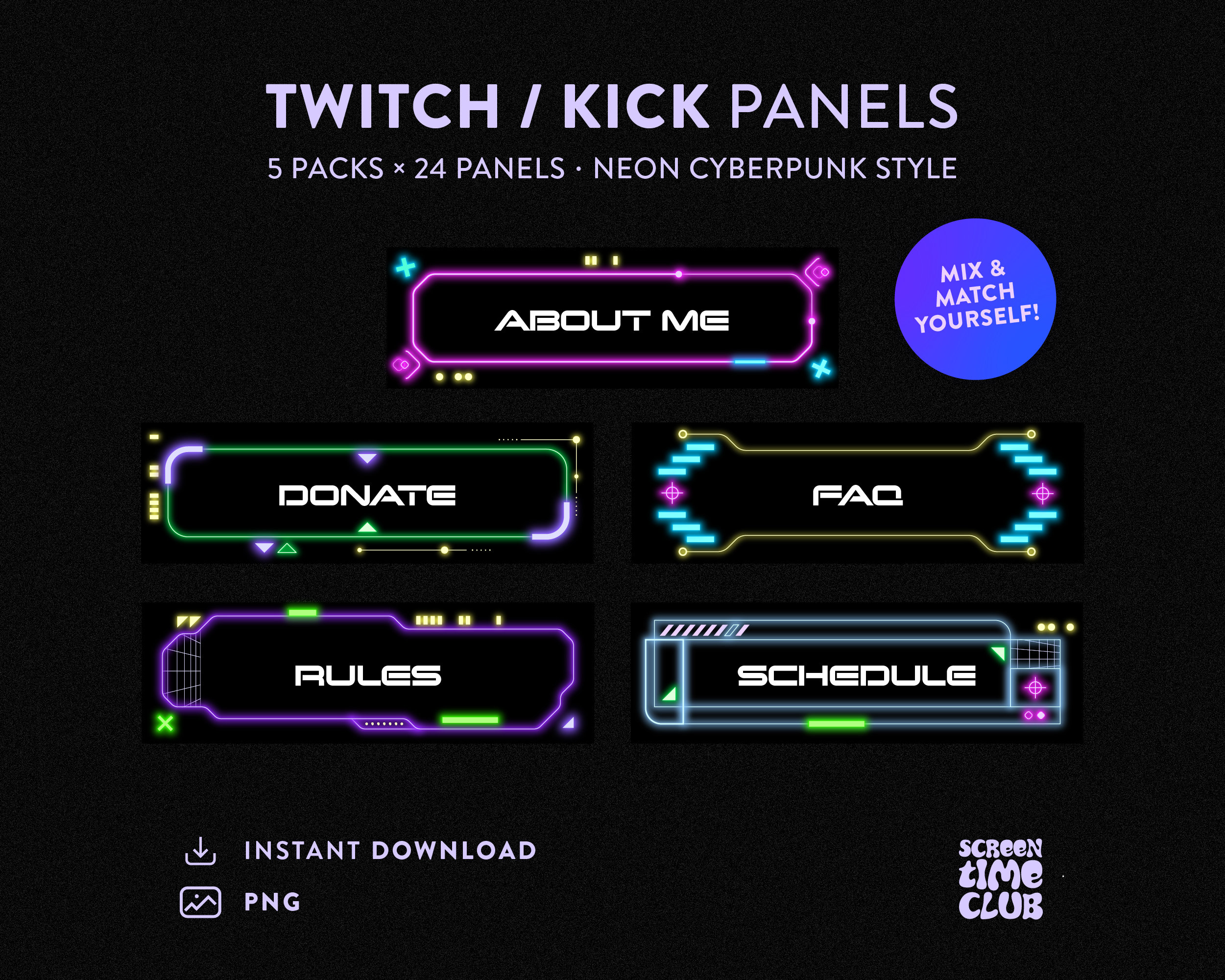 Neon Cyberpunk Twitch Kick Panels, 5 Packs of 24 Panels, Streaming ...
