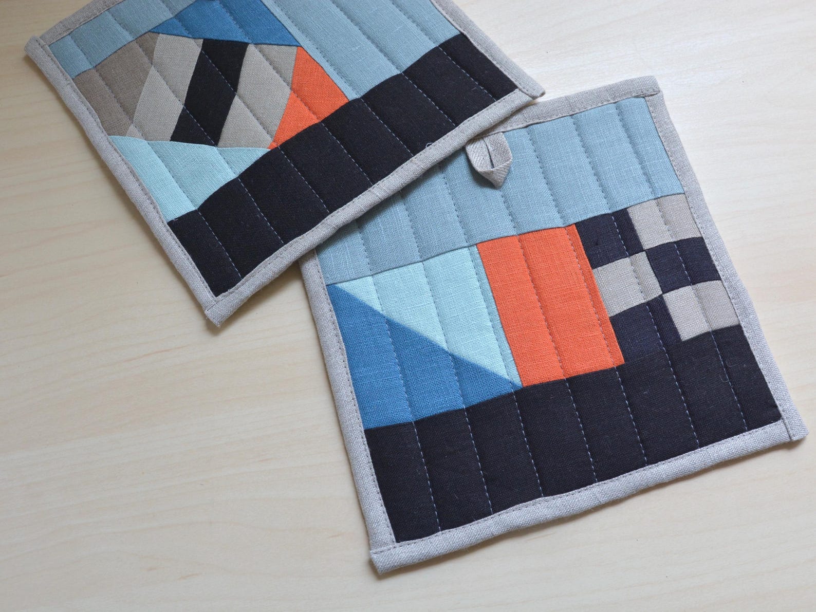 Linen Pot Holders, Patchwork Color Block - Minimalist, Modern, Zero ...