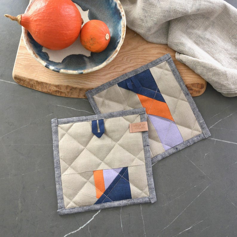 Linen Pot Holders, Patchwork Color Block Hot Pads Minimalist, Modern ...