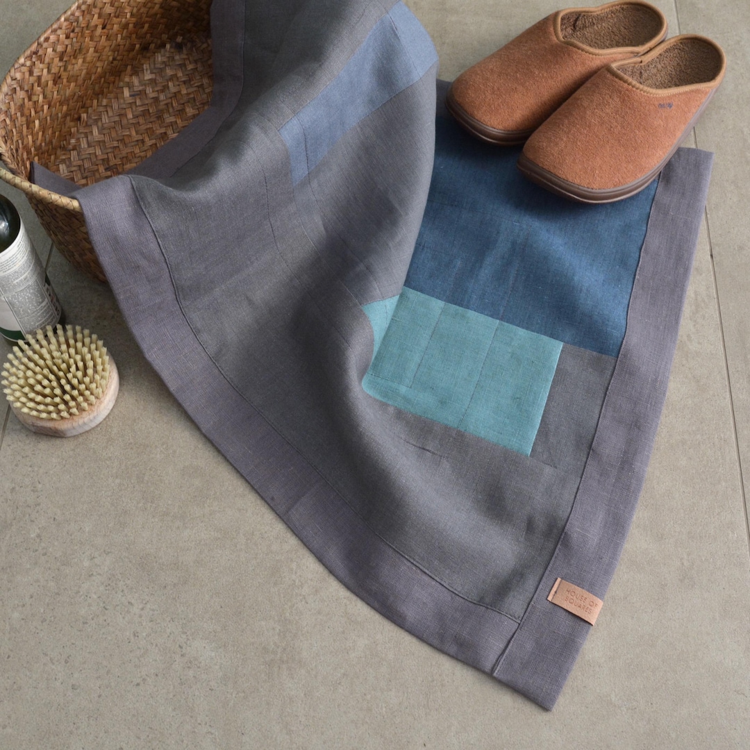 Large Grey Teal Color Block Patchwork Linen Quick-dry Bath Rug ...