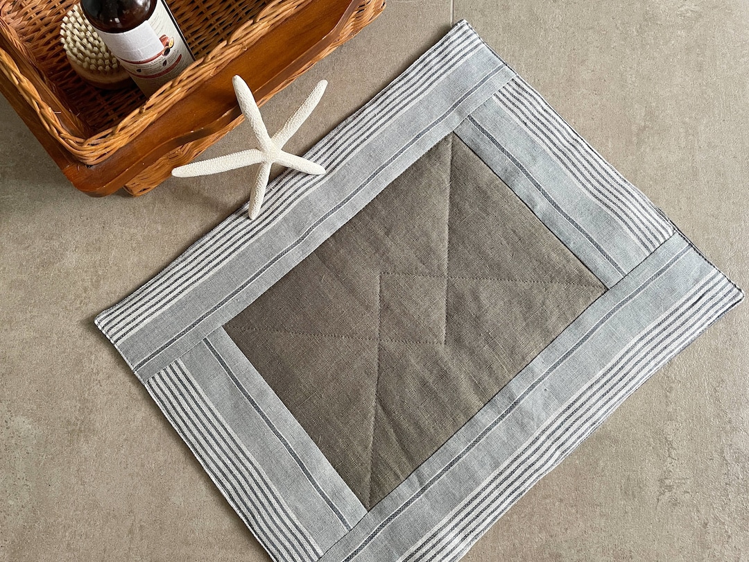 Quilted Moss Green Grey Two Layers Linen Bath Rug - Linen Floor Mat for ...