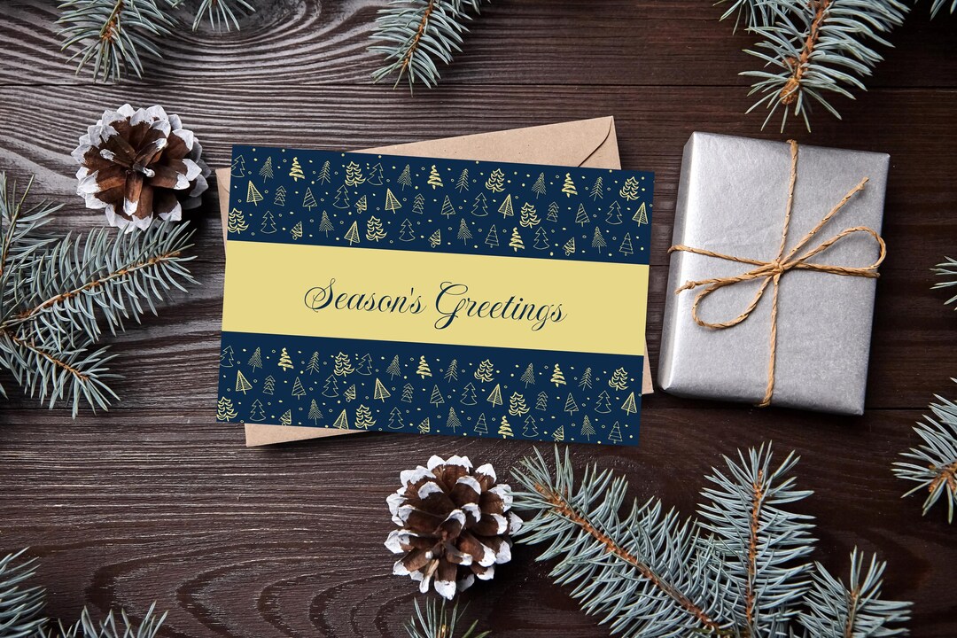 Seasons Greetings Printable Card, Blue and Gold Christmas Card ...