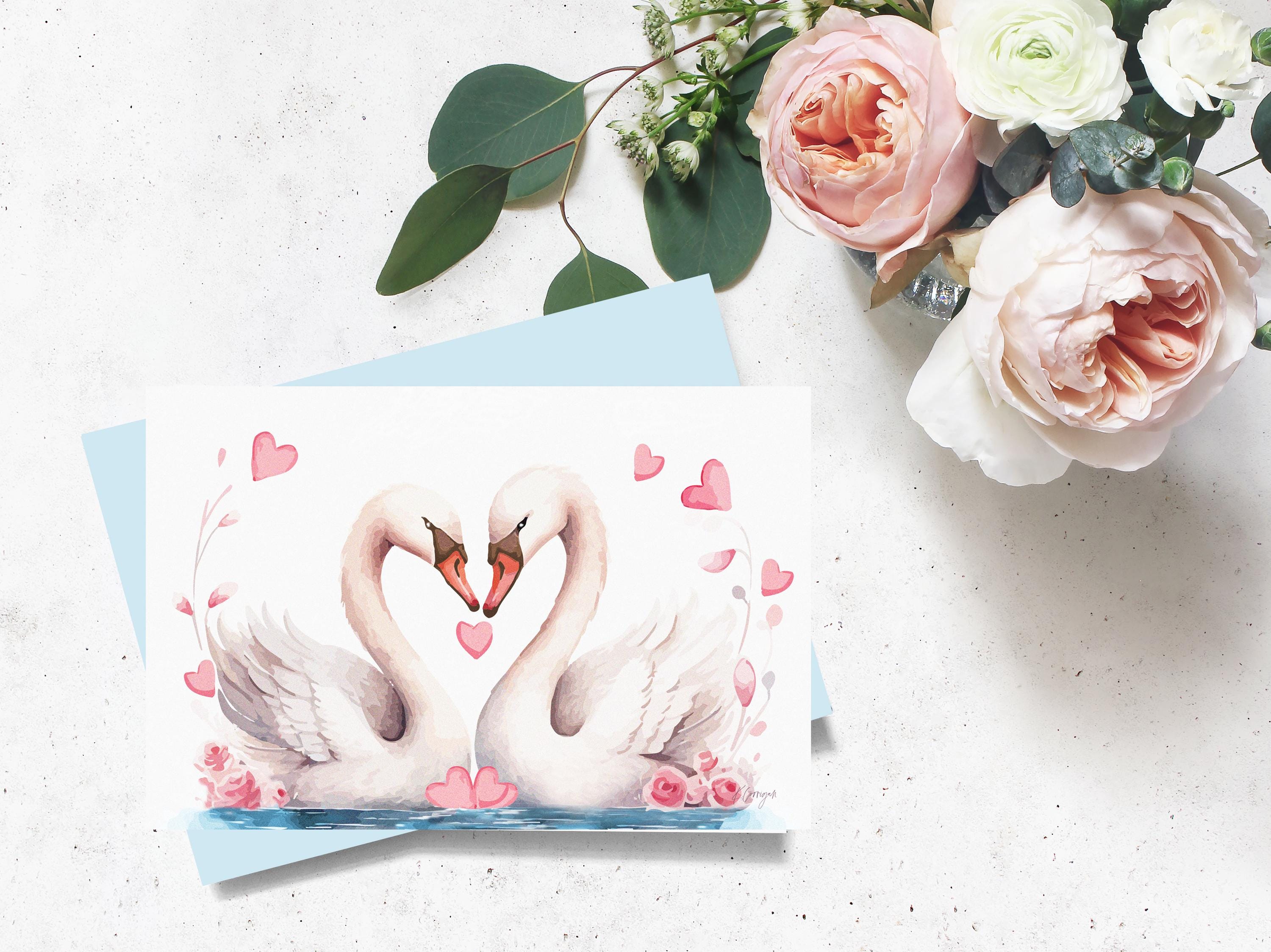2 Swans Love Card, Printable Romantic Card, Watercolor Love Printable ...