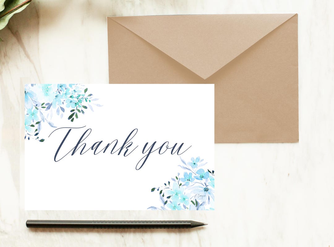 Floral Thank You Card: Printable Blue Flower Note (digital Download) - Etsy
