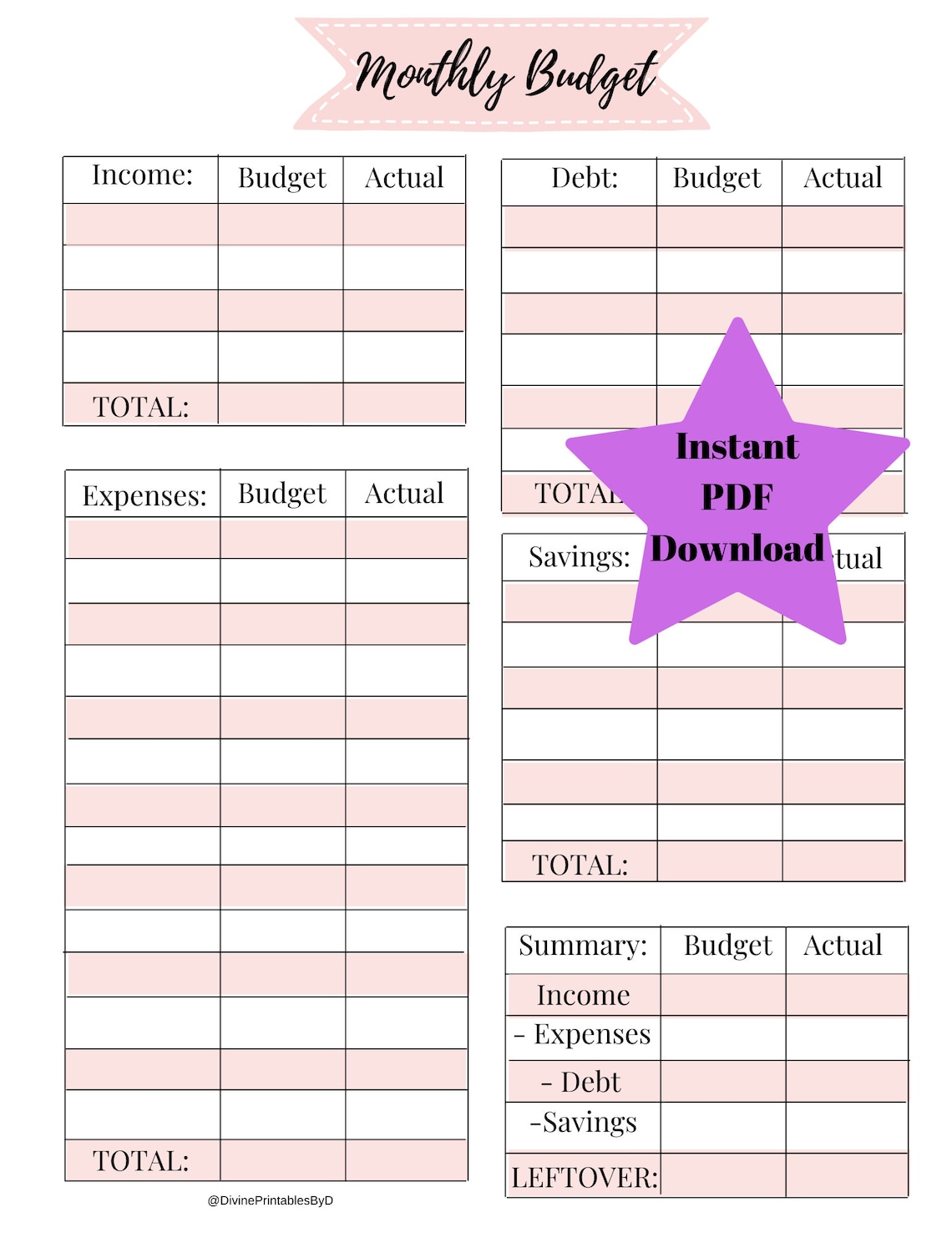 Monthly Budget Printable PINK Instant PDF Download 8.5 In. - Etsy