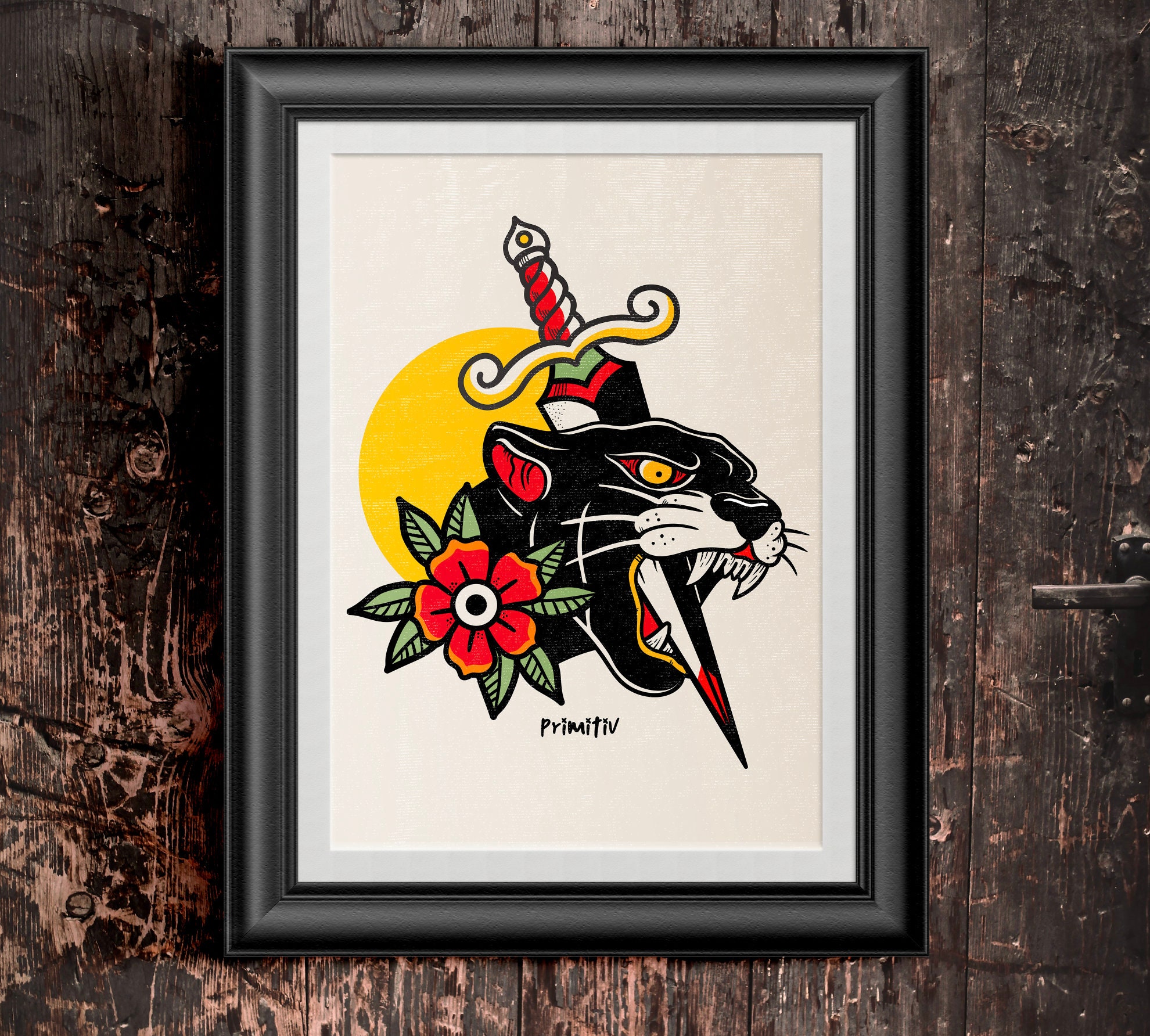 Traditional Panther With Dagger Tattoo