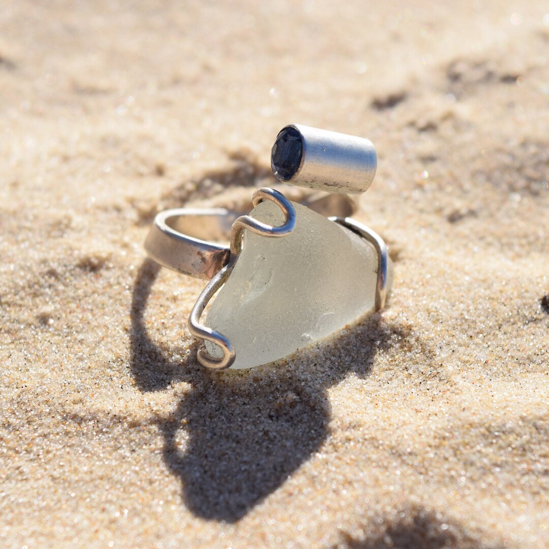 Sea Glass Ring in White With Gemstones Set in Silver. Genuine Sea Glass ...