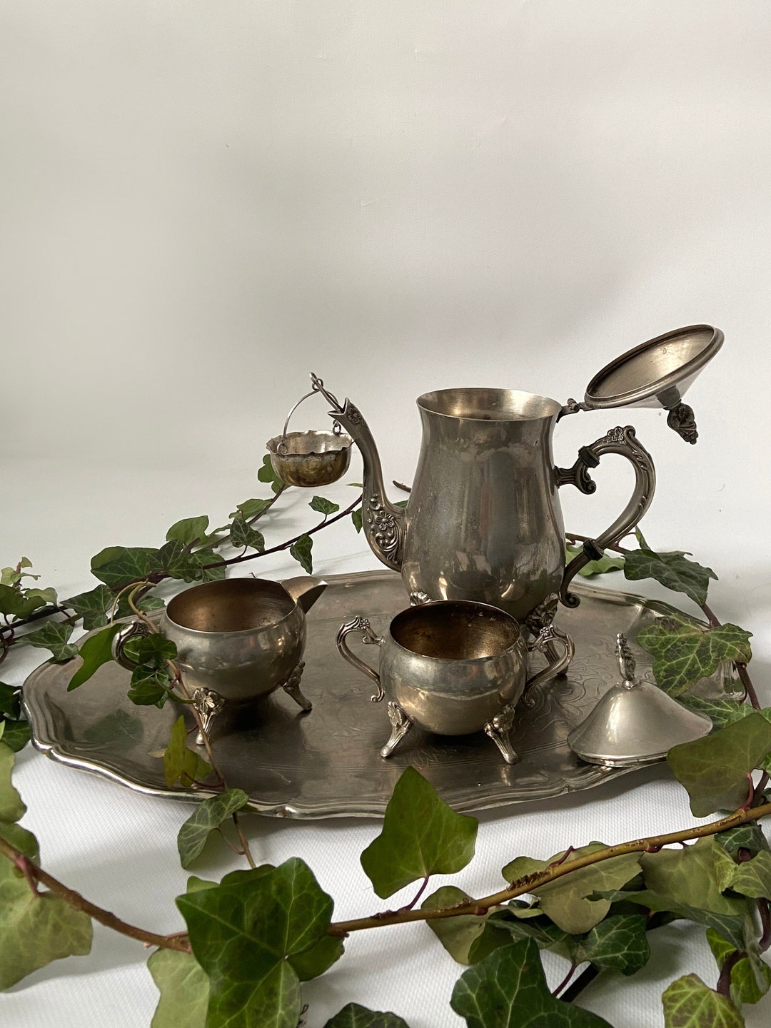 Antique Alpaca Silver Tea Set Service Withtray, 5 Piece Set - Etsy