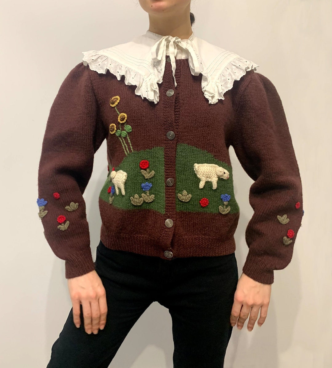 Unique Brown Vintage Austrian Cardigan / Pure Wool/ Embroidered Knitted ...