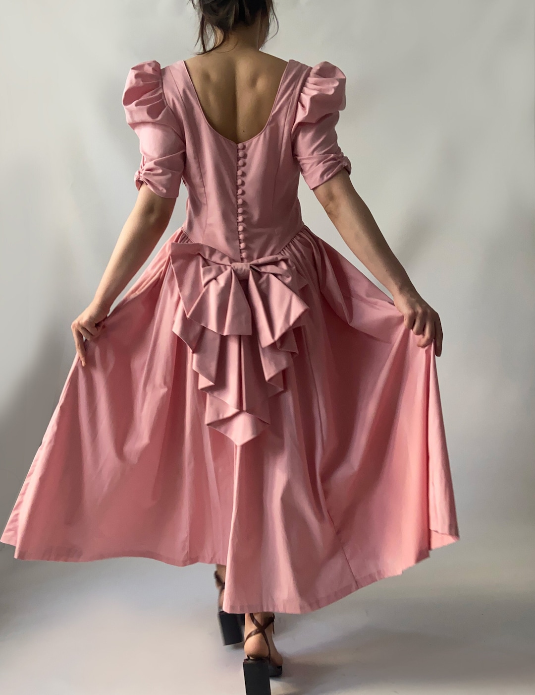 L Wonderful Laura Ashley Pink Dress Gown Midi Tea Dress Cotton Princess ...