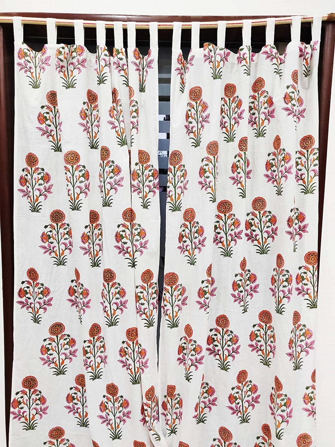 Floral Block Print Cotton Curtain Set 2 Panels: Indian Window Decor - Etsy