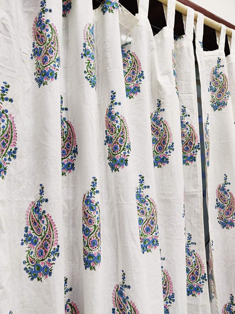 Hand Block Print Cotton Curtains: Bohemian Floral Window Drapes (two ...