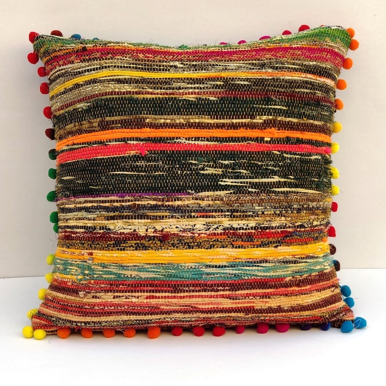 Hand Woven Chindi Pillow Cover: Bohemian Braided Cotton, 16"x16" - Etsy