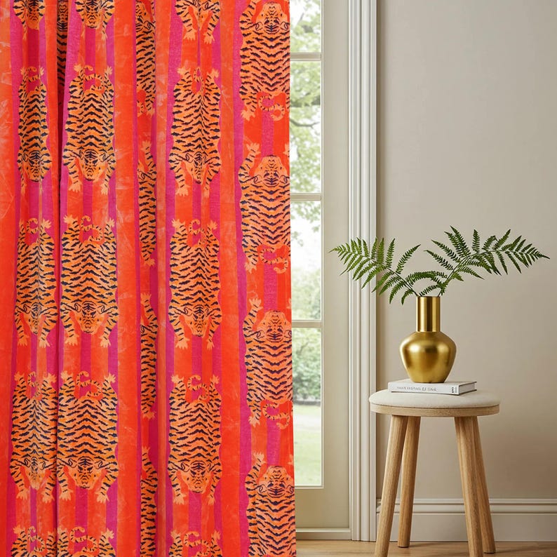 Tiger Print Velvet Curtain Set: Boho Indian Window Treatment 2 Panels ...