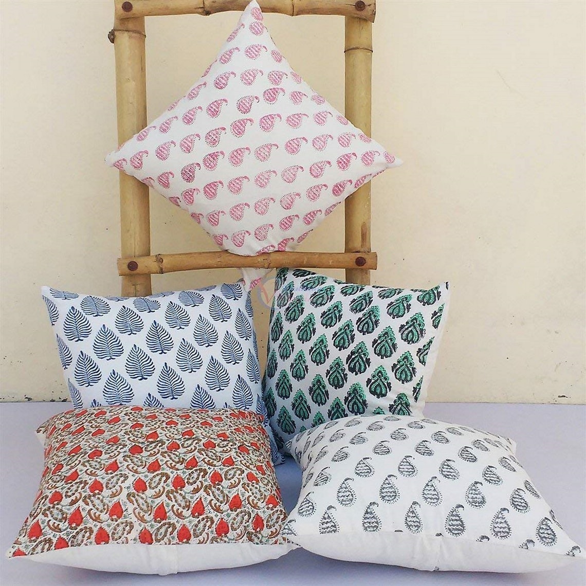 Set of 5 Block Print Fabric Indian Cushion Pillow Covers Decorative ...