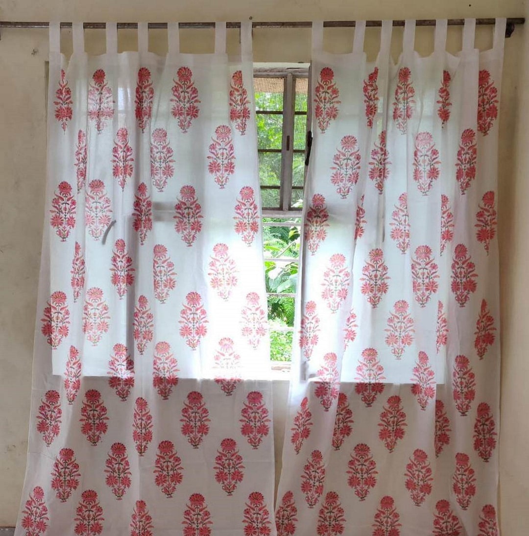 Floral Block Print Cotton Curtain Set: Boho Indian Window Decor 2 Panel ...