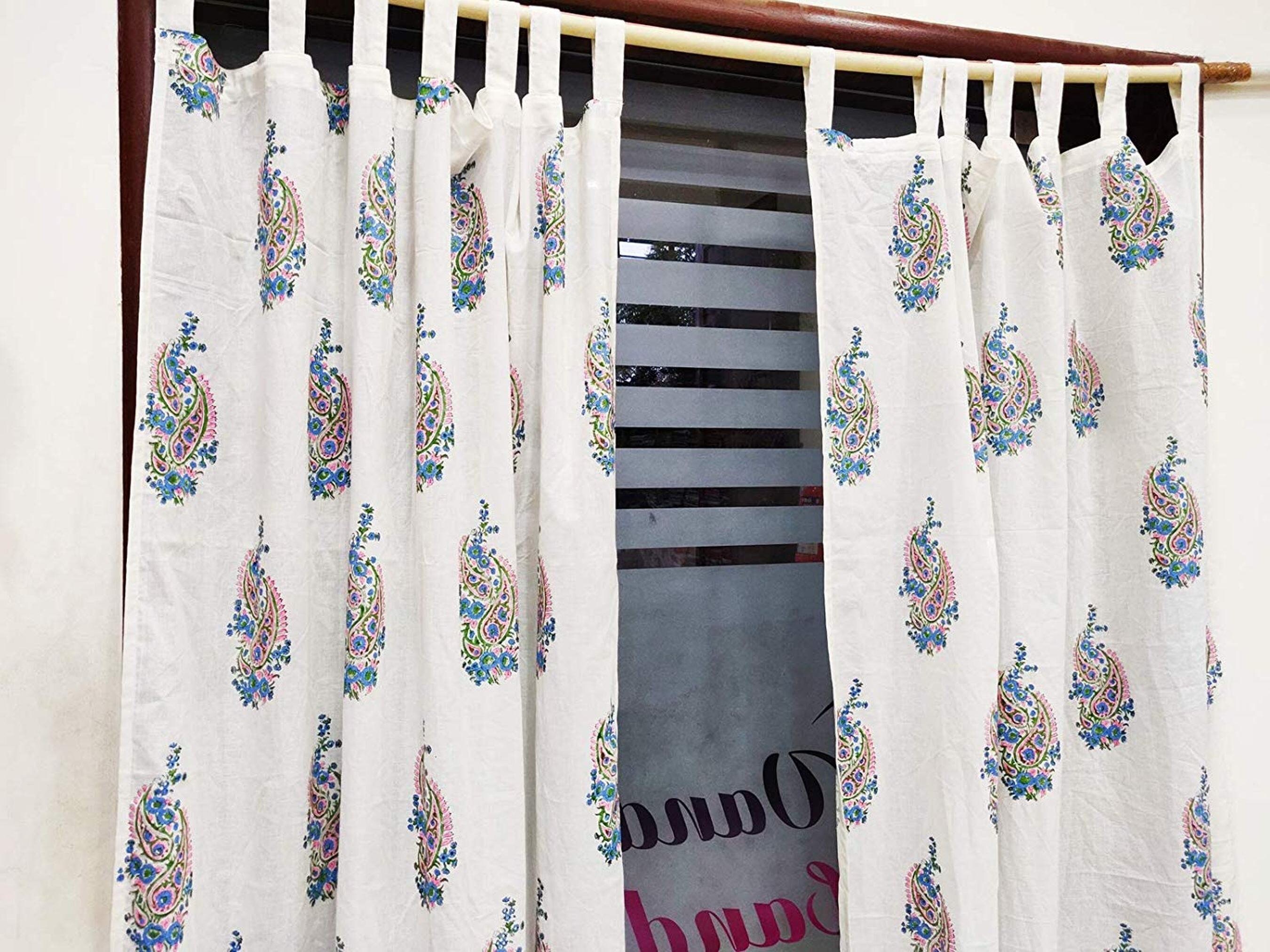 Hand Block Print Cotton Curtains: Bohemian Floral Window Drapes (two ...