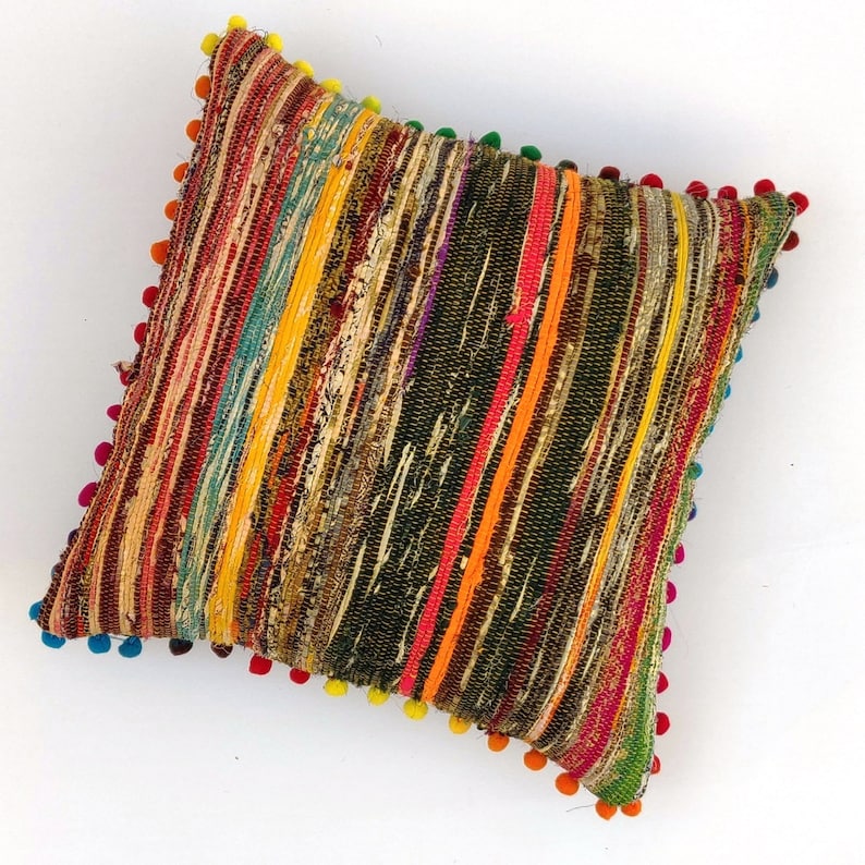 Hand Woven Chindi Pillow Cover: Bohemian Braided Cotton, 16"x16" - Etsy
