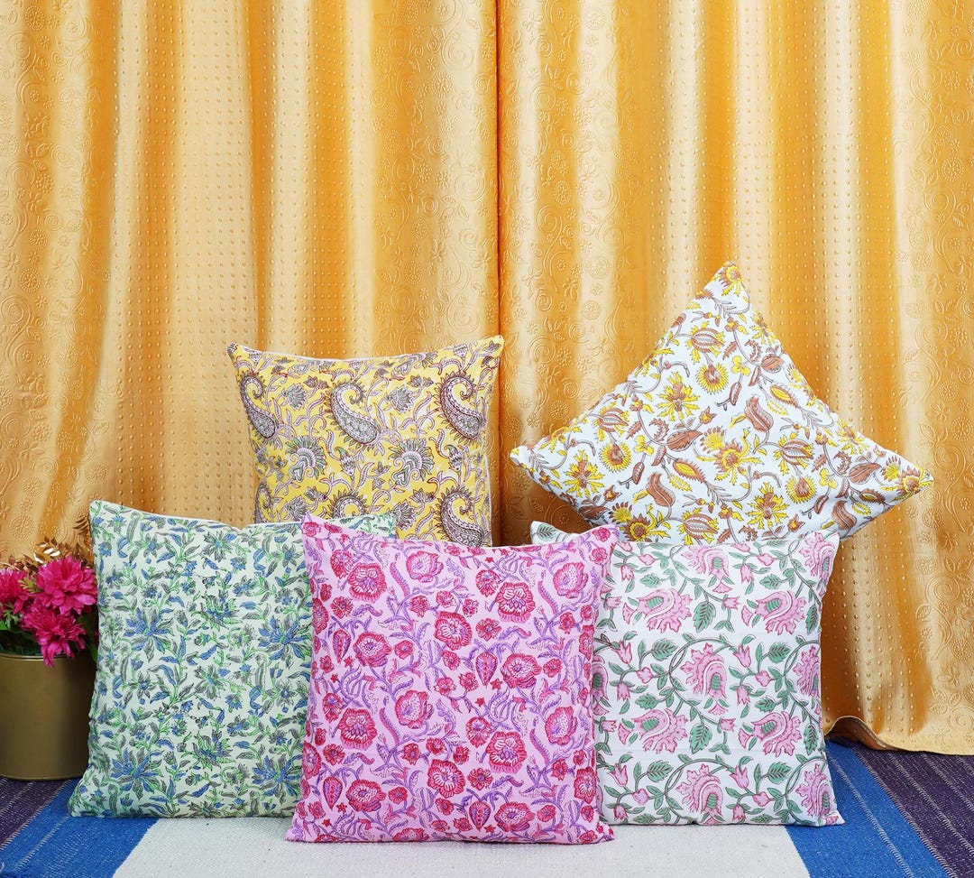 Set of 5 Hand Block Print Cushion Cover, Sofa Cushion Cover Gift ...