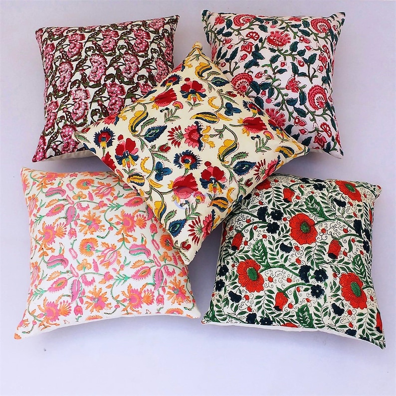 Set of 5 Hand Block Print Fabric Indian Cushions, Decorative Throw ...