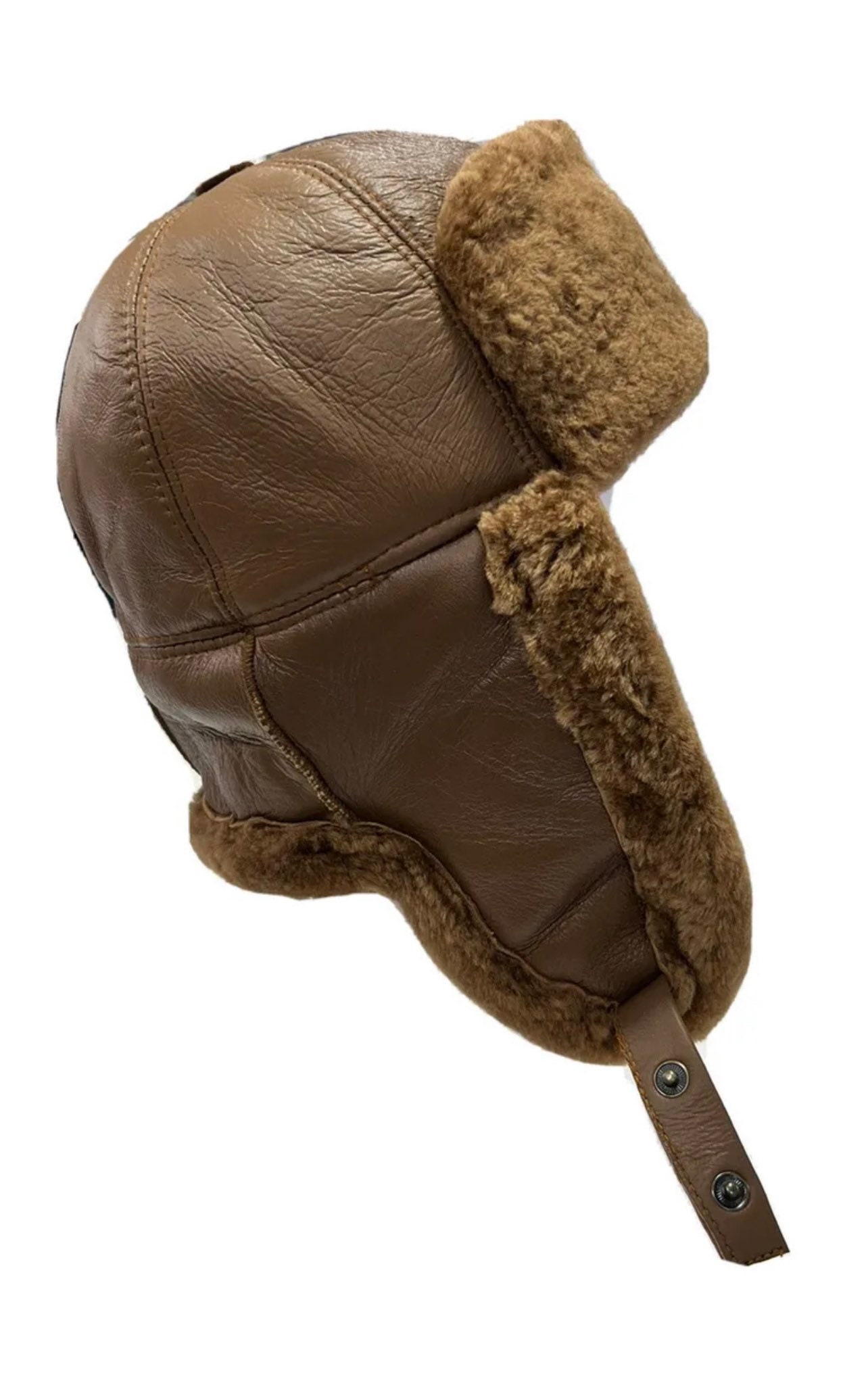 Real Sheepskin Hat Brown Shearing Leather Bomber Trapper Hanukkahs ...