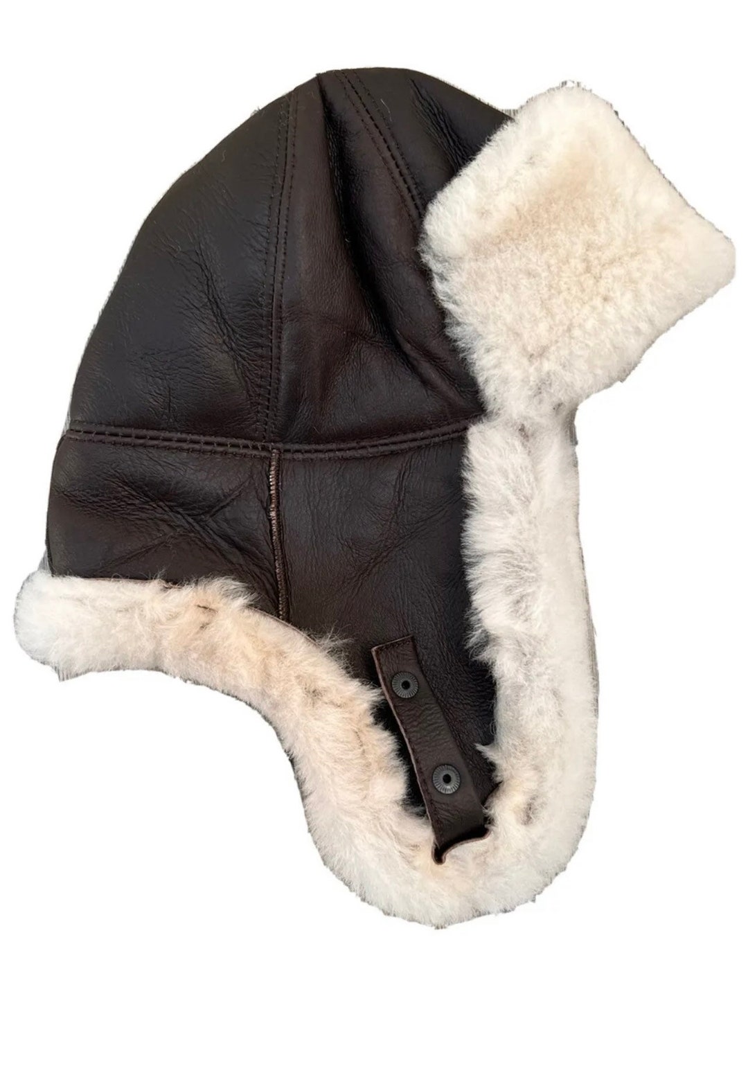 Real Sheepskin Hat Dark Brown Shearing Leather Bomber Trapper Hanukkahs ...