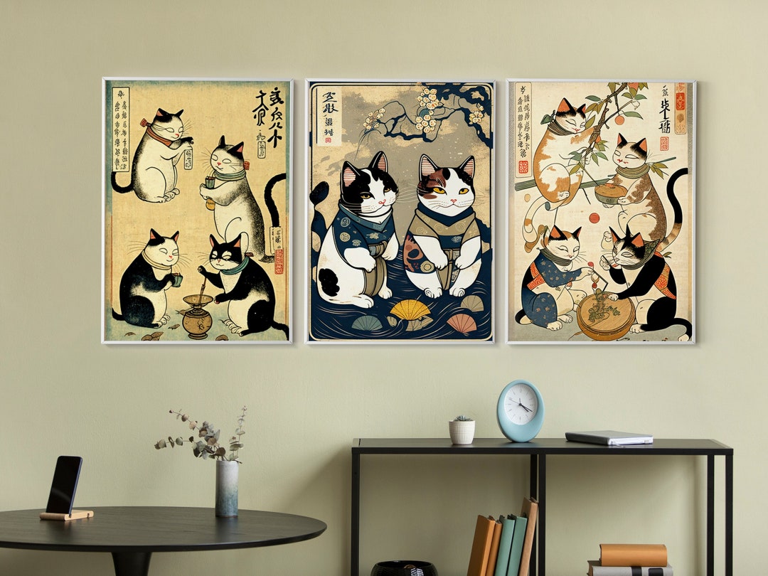 Ukiyo-e Fun Japandi Cats 3 X Digital Prints Japanese Fun - Etsy