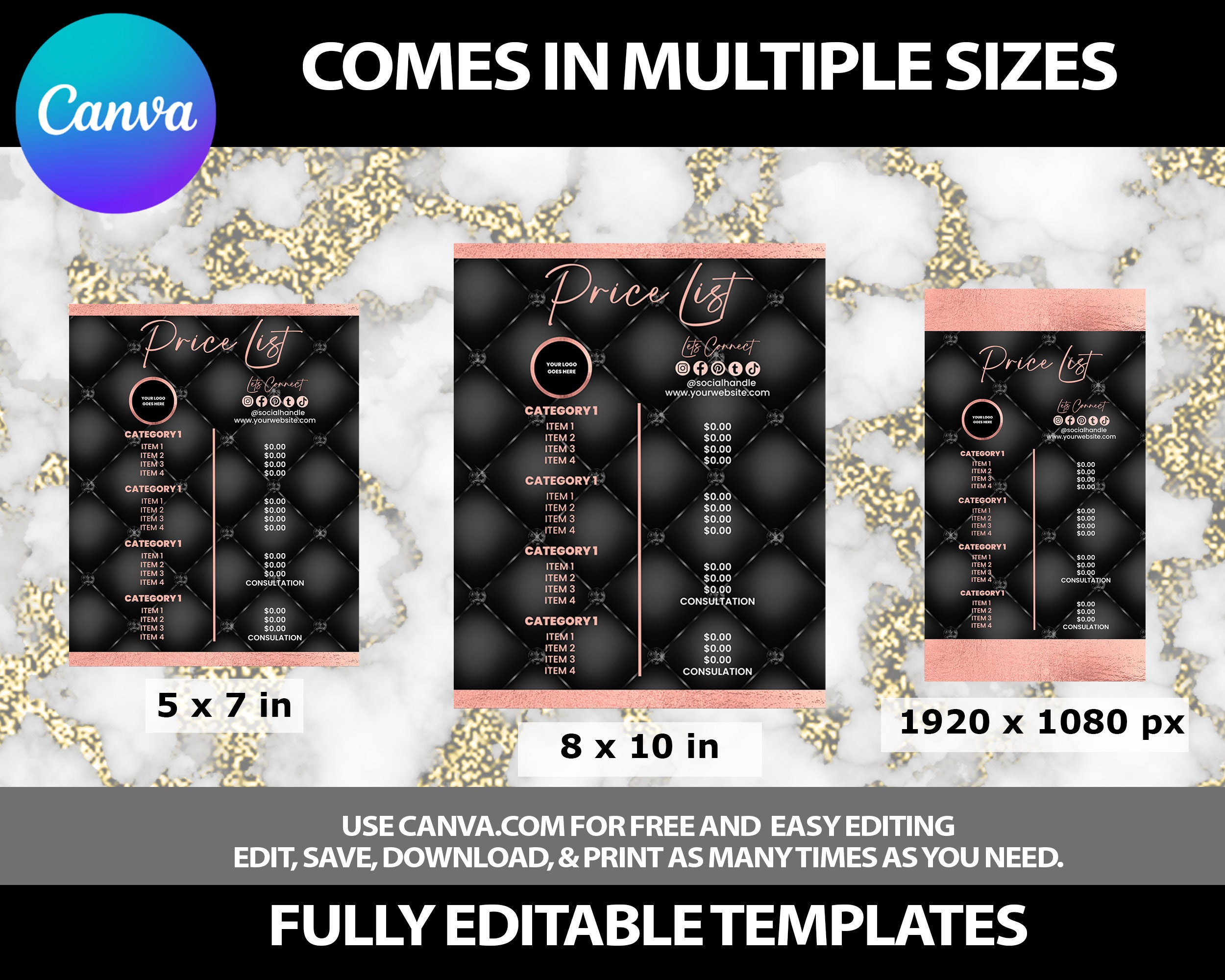 Rose Gold Editable Price List, Printable Payment Sign, Price List ...