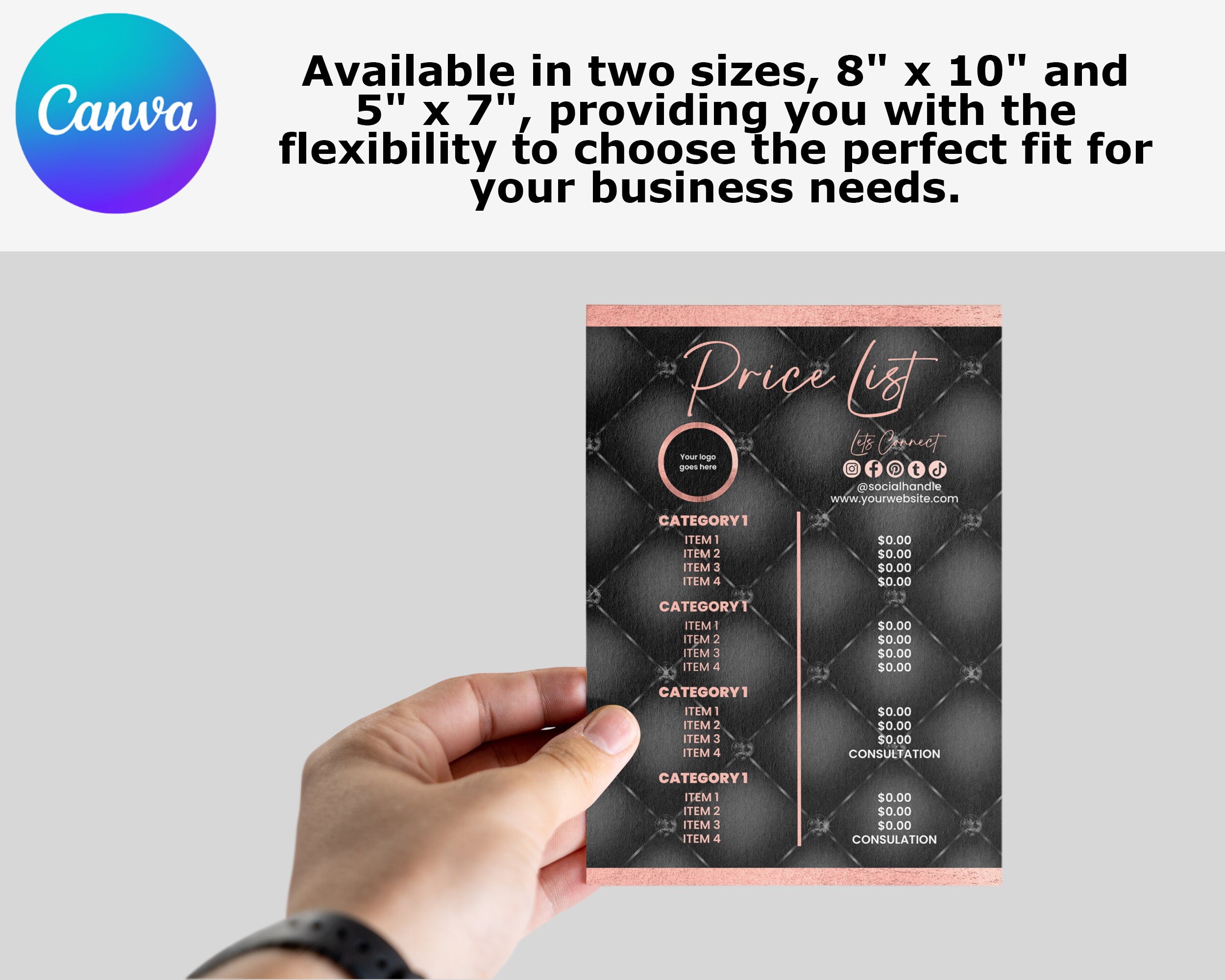 Rose Gold Editable Price List, Printable Payment Sign, Price List ...