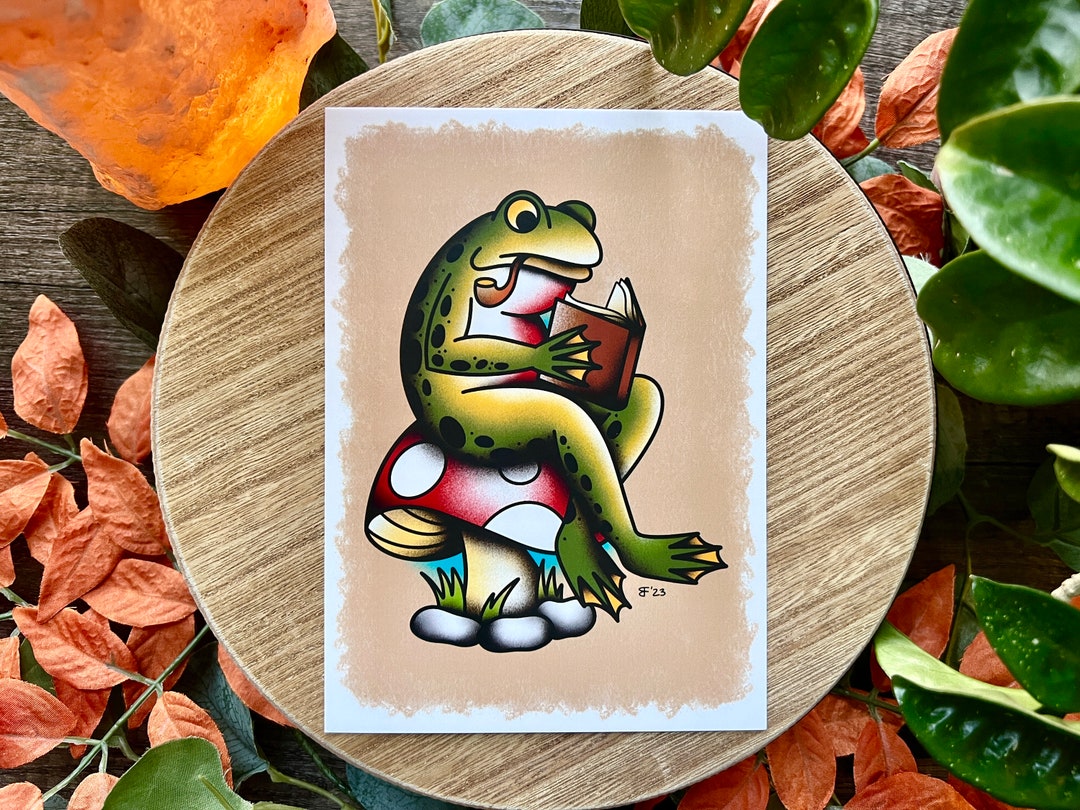 Frog on a Toadstool Print, Flash Tattoo Print, 5x7 Print - Etsy