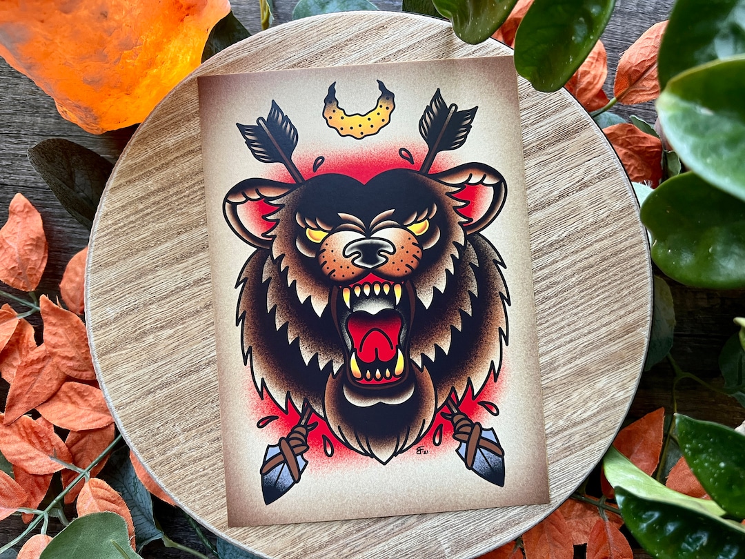 American Traditional Bear Print, Flash Tattoo Print, 5x7 Print - Etsy