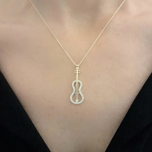 14K Real Solid Gold Violin Bass Guitar Necklace for Women , Charm ...