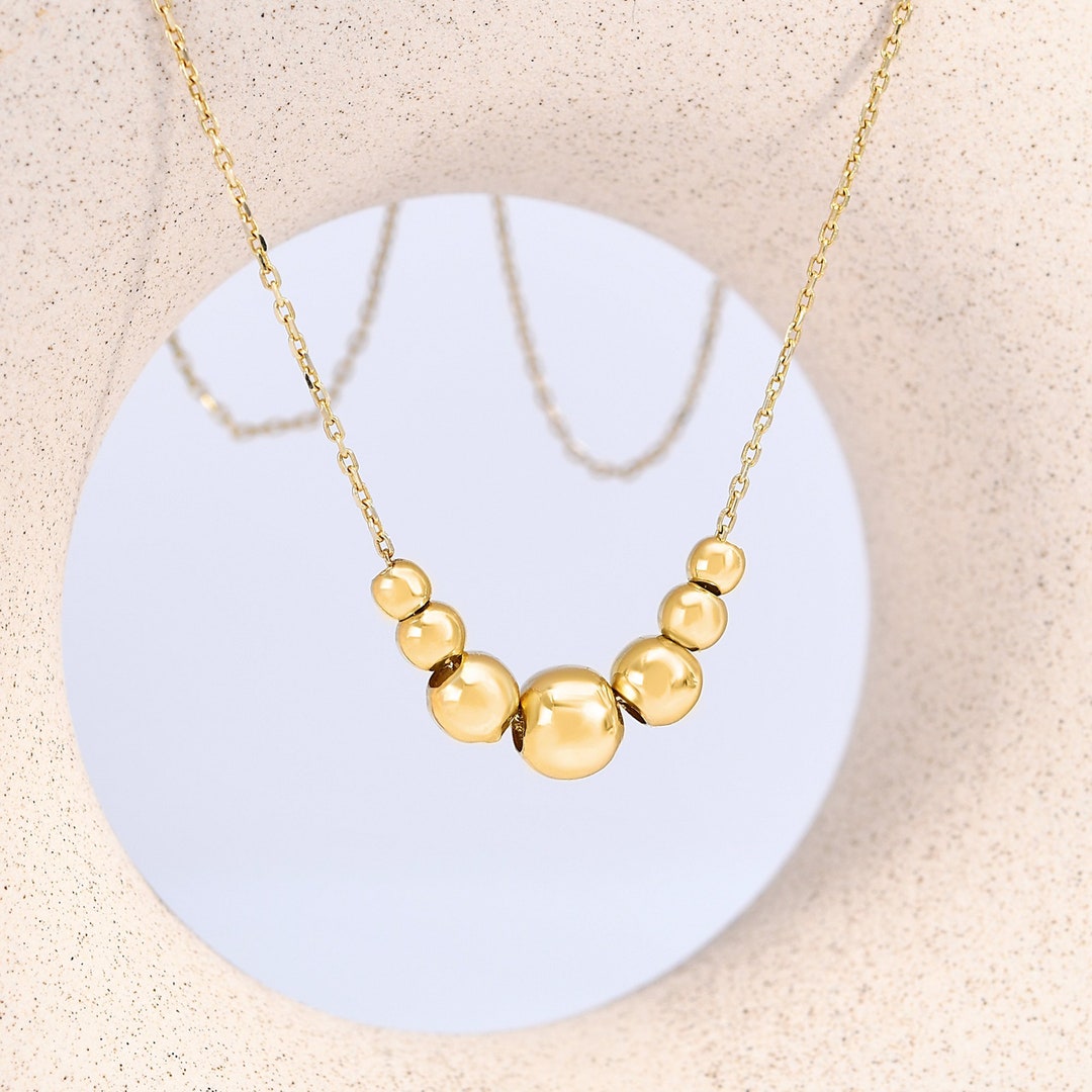 14K Real Solid Gold Beaded Ball Necklace for Women , Graduated Bead ...