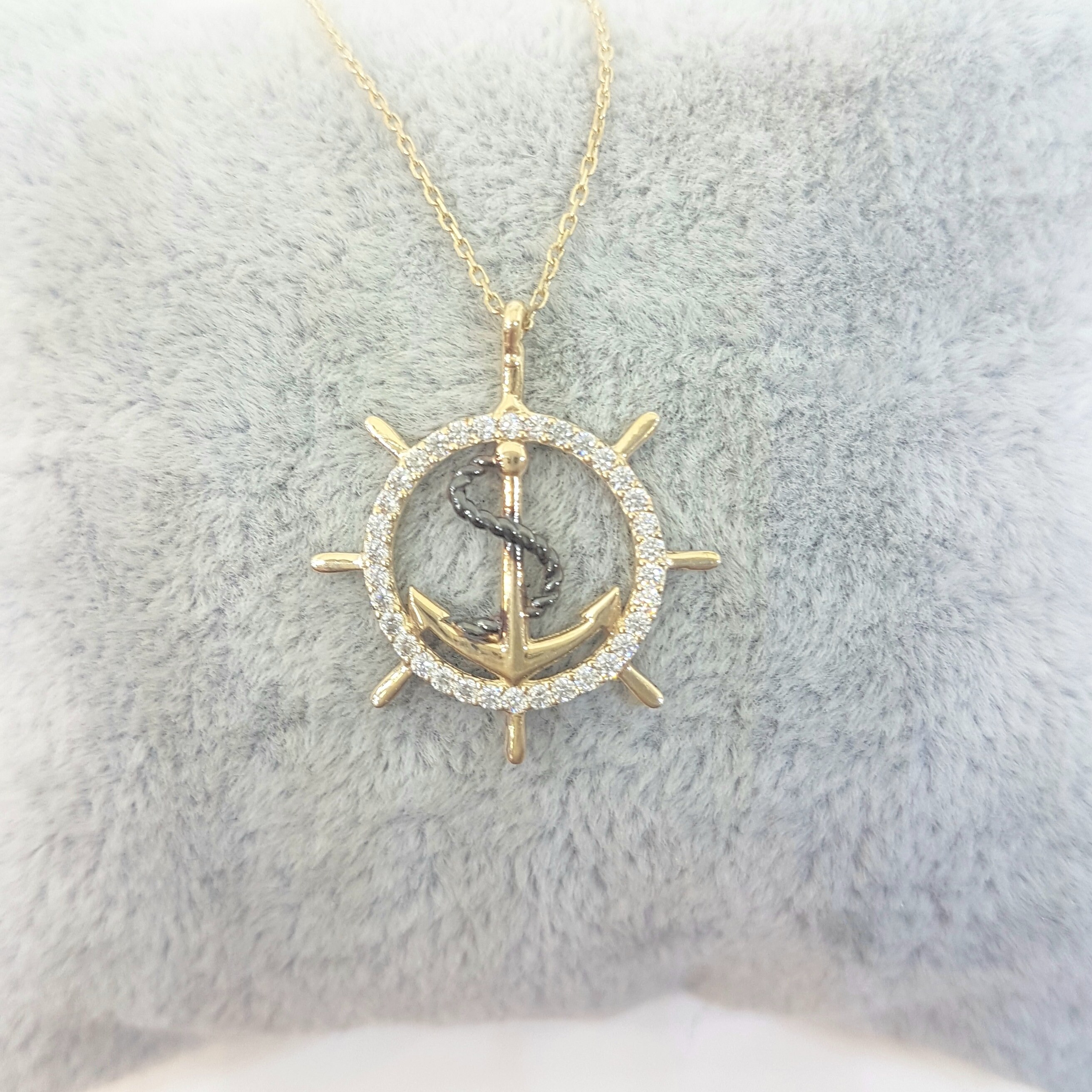 14K Solid Gold Nautical Anchor Ship Wheel Necklace With Cubic Zirconia ...