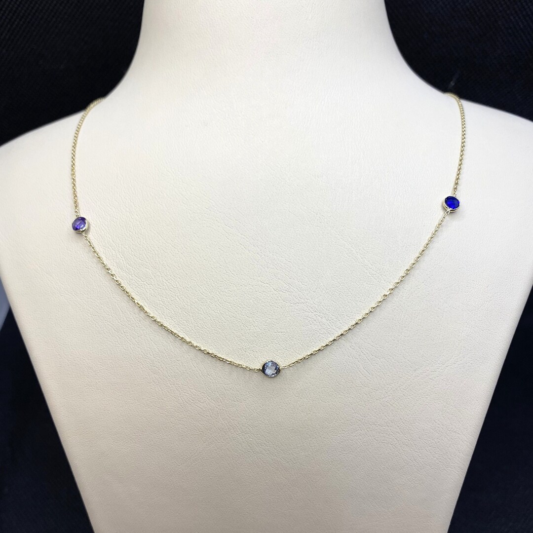 14K Real Solid Gold Birthstone Necklace for Women ,bezel Set Station ...
