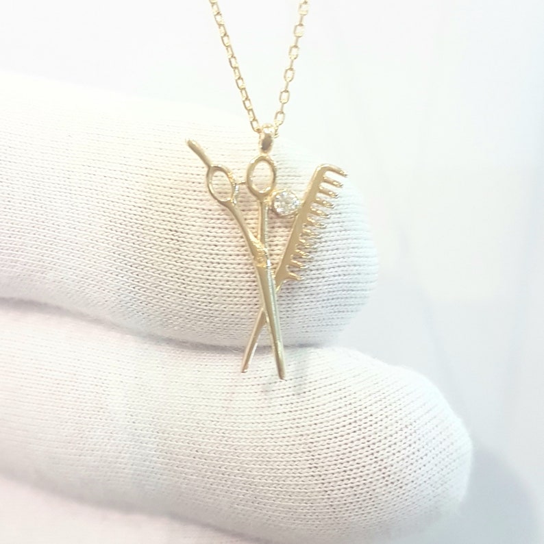 14K Real Solid Gold Scissors and Comb Pendant Necklace Hair - Etsy