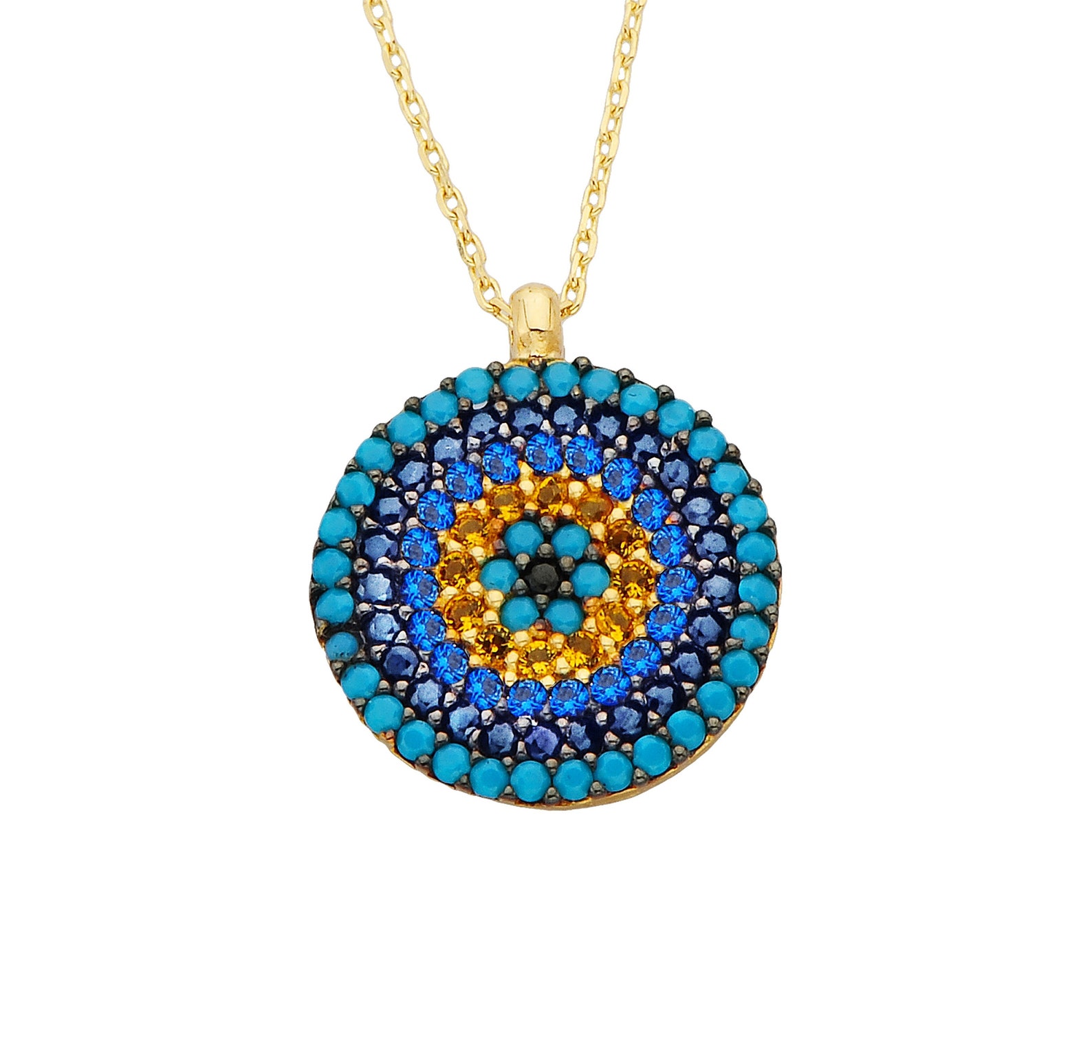 14K Real Solid Gold Round Evil Eye Necklace , Evil Eye Pendant , Nazar ...