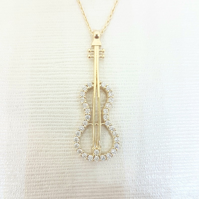 14K Real Solid Gold Violin Bass Guitar Necklace for Women - Etsy