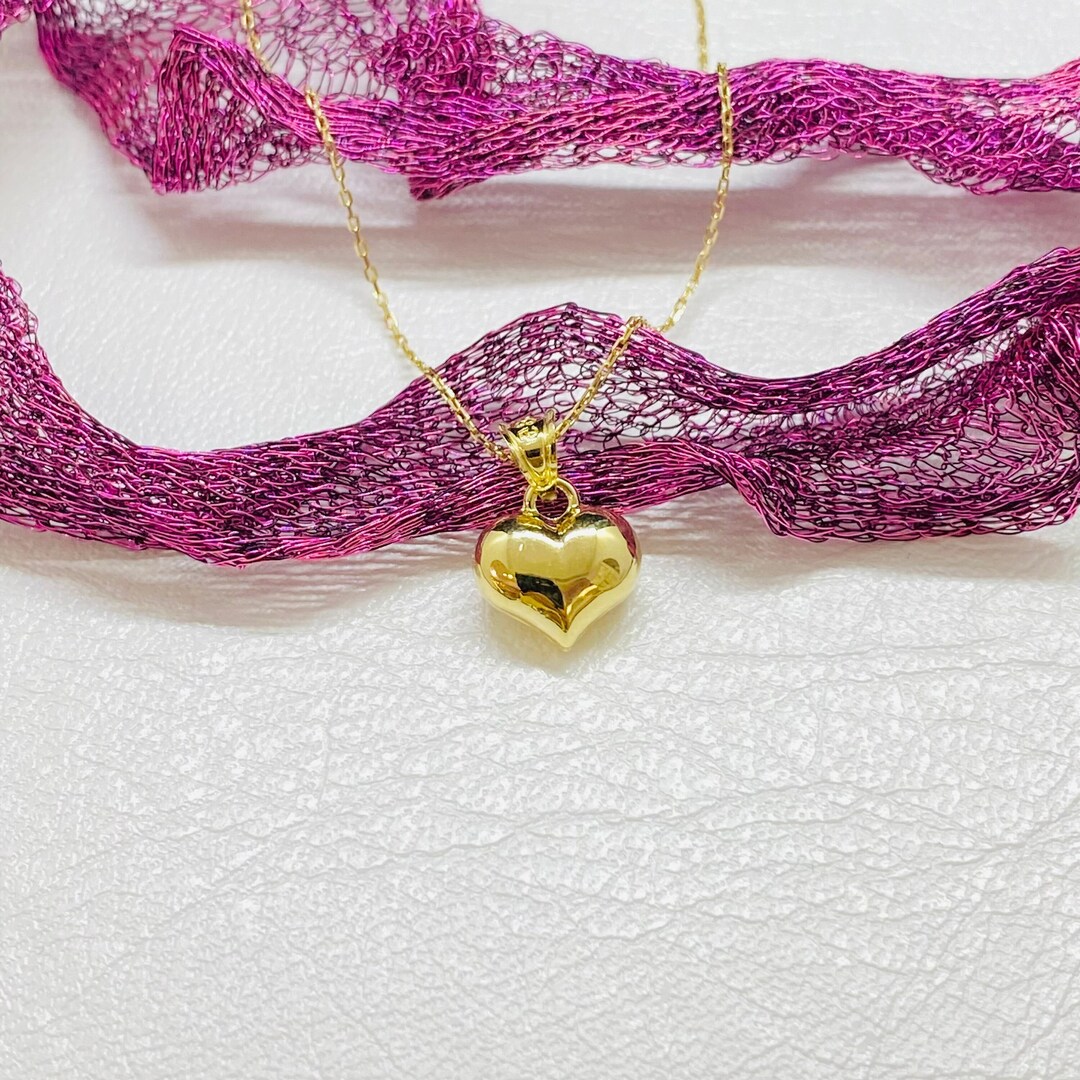 14K Real Solid Gold Heart Necklace for Women , Cute Dainty 3D Charm ...