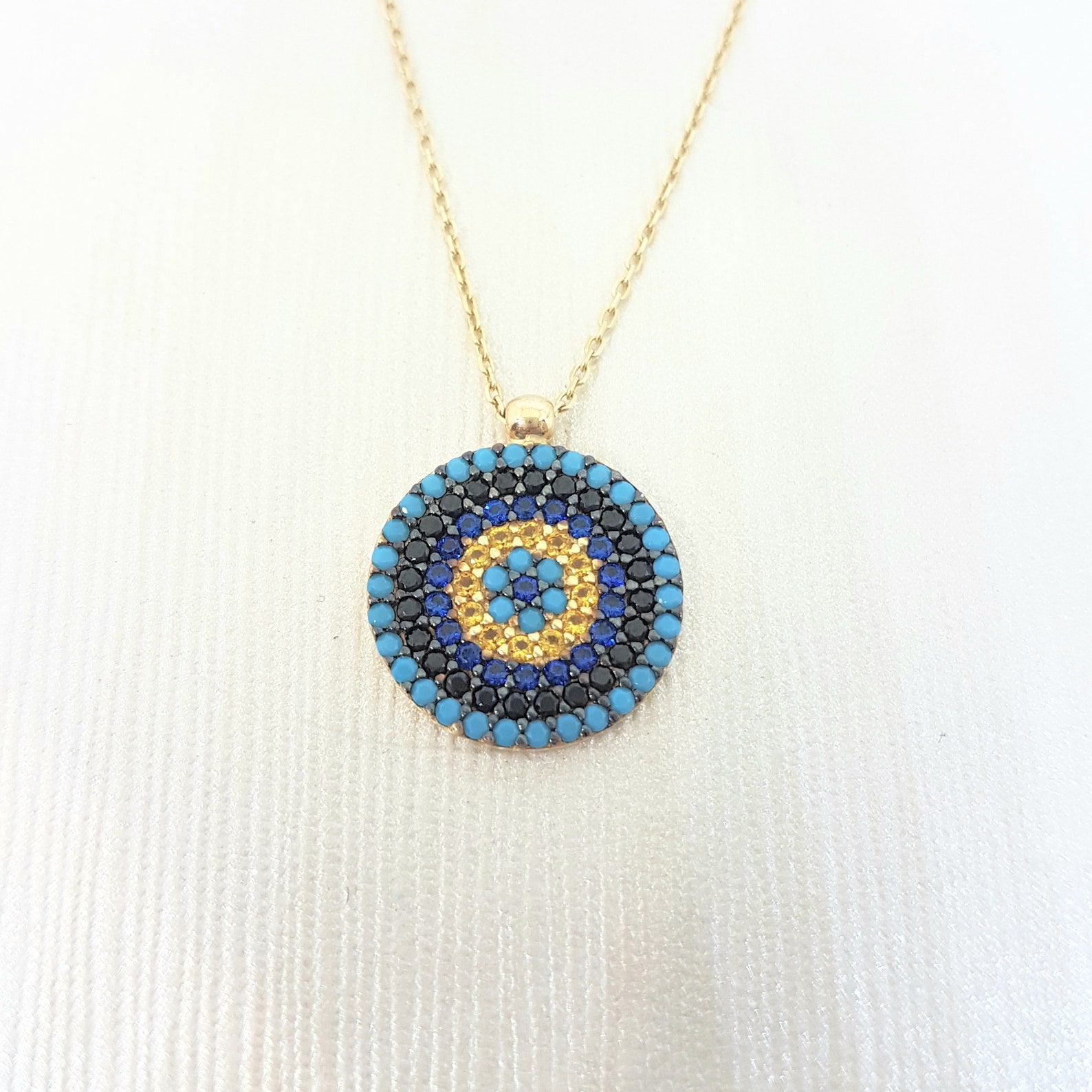 14K Real Solid Gold Round Evil Eye Necklace , Evil Eye Pendant , Nazar ...