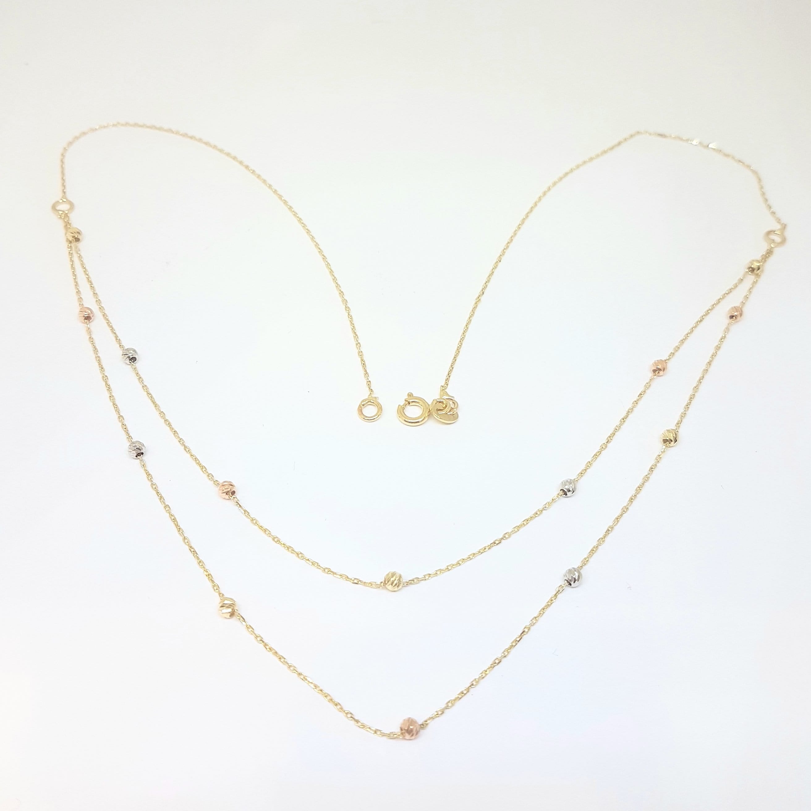 14K Real Solid Gold Two Rows Chain Beaded Italian Balls Necklace for ...