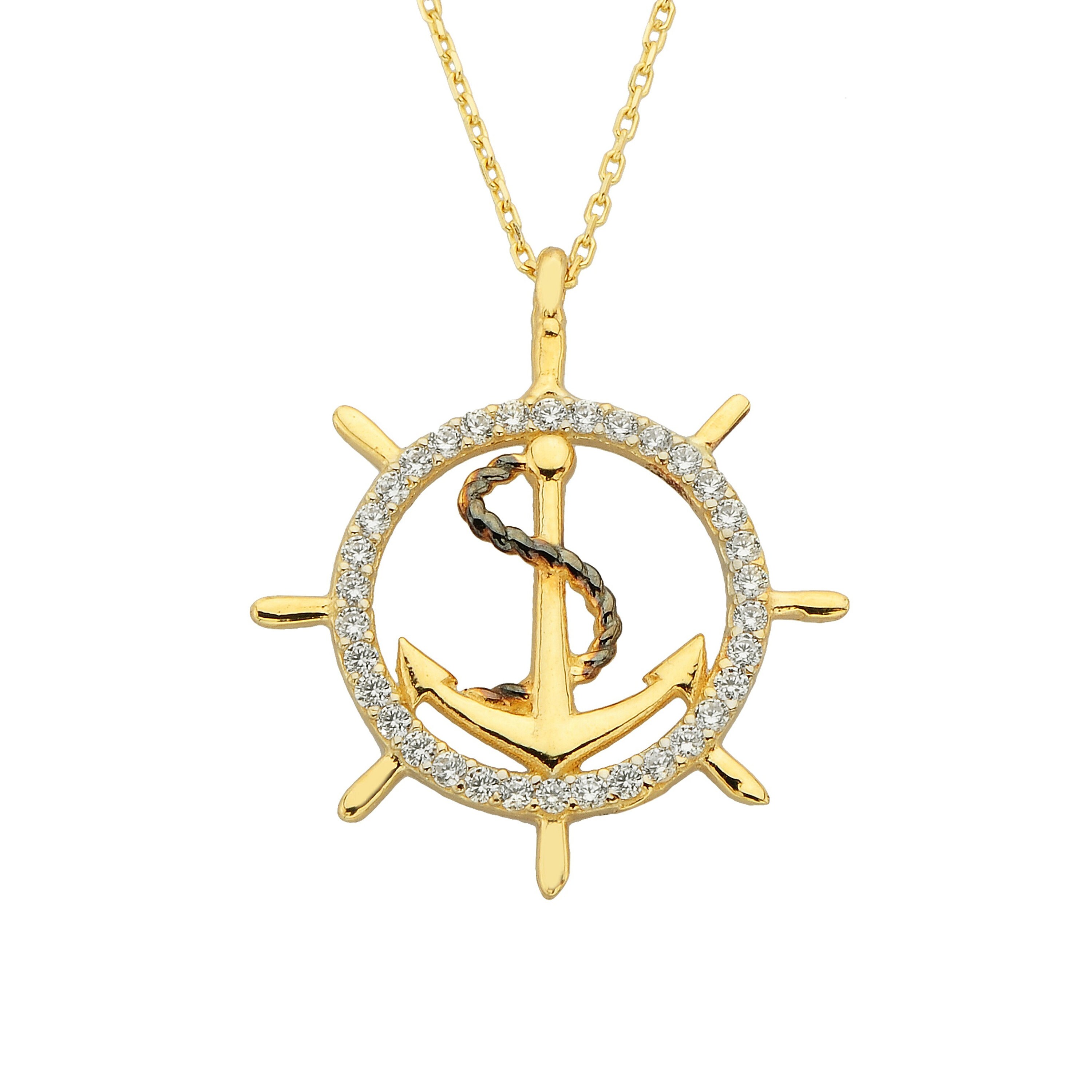 14K Solid Gold Nautical Anchor Ship Wheel Necklace With Cubic Zirconia ...