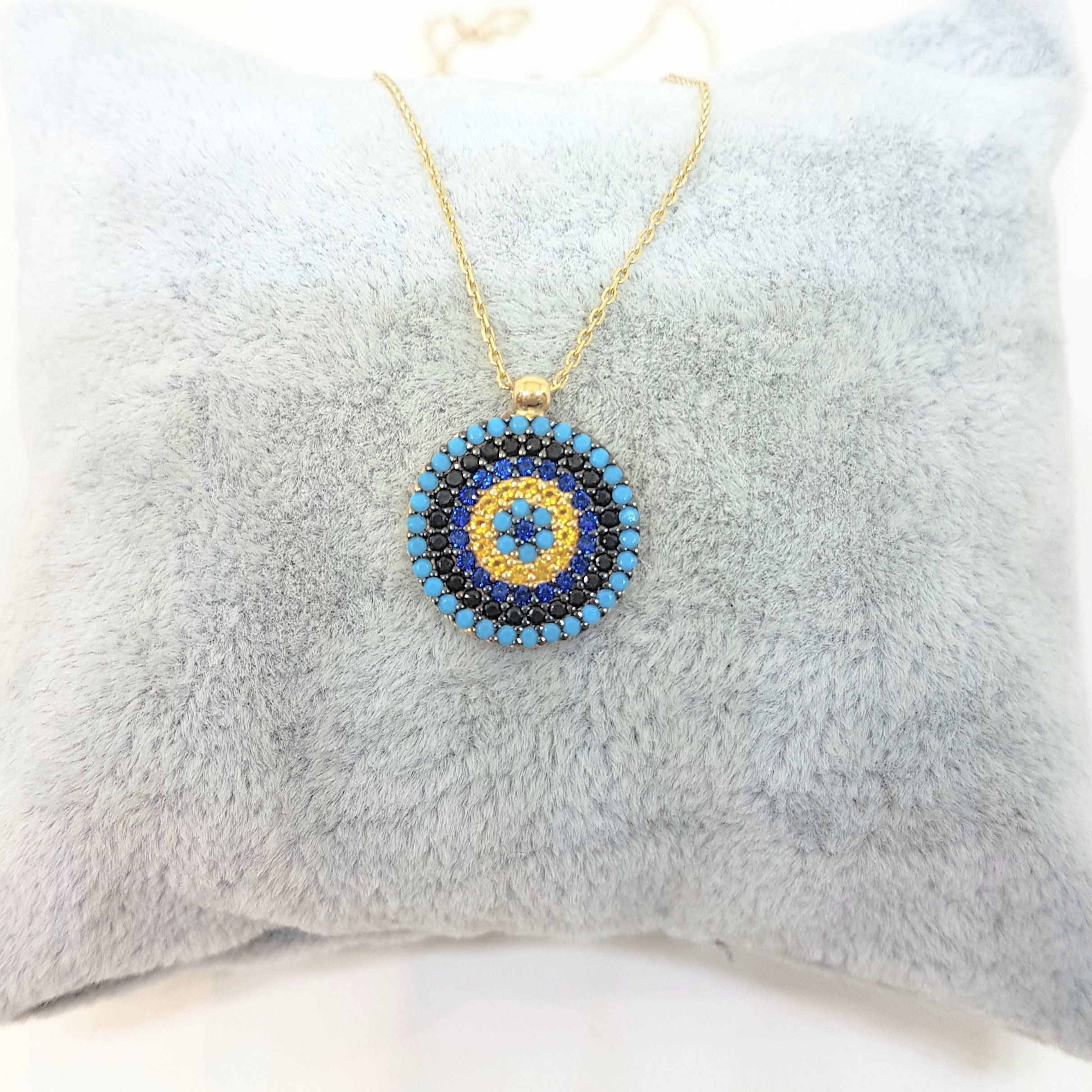 14K Real Solid Gold Round Evil Eye Necklace , Evil Eye Pendant , Nazar ...