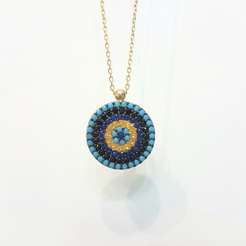 14K Real Solid Gold Round Evil Eye Necklace , Evil Eye Pendant , Nazar ...