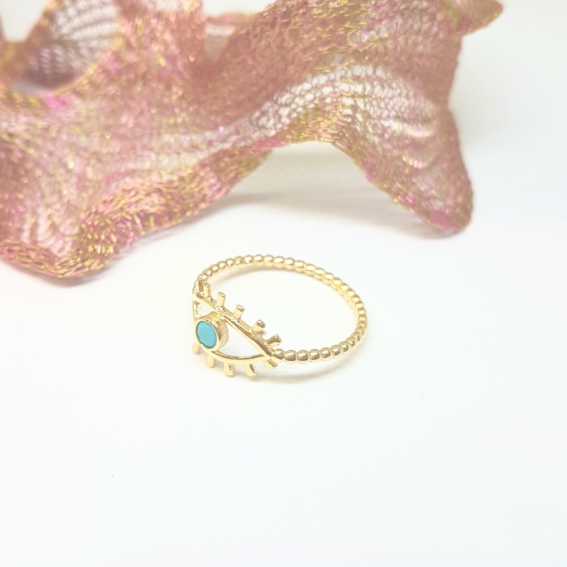 14K Real Solid Gold Turquoise Evil Eye Ring December | Etsy