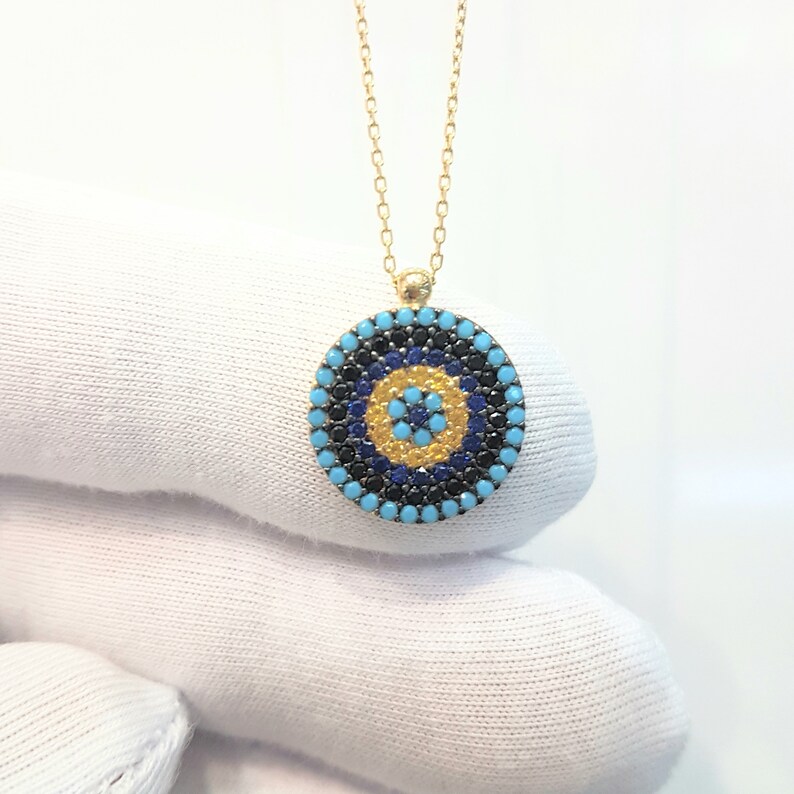 14K Real Solid Gold Round Evil Eye Necklace , Evil Eye Pendant , Nazar ...